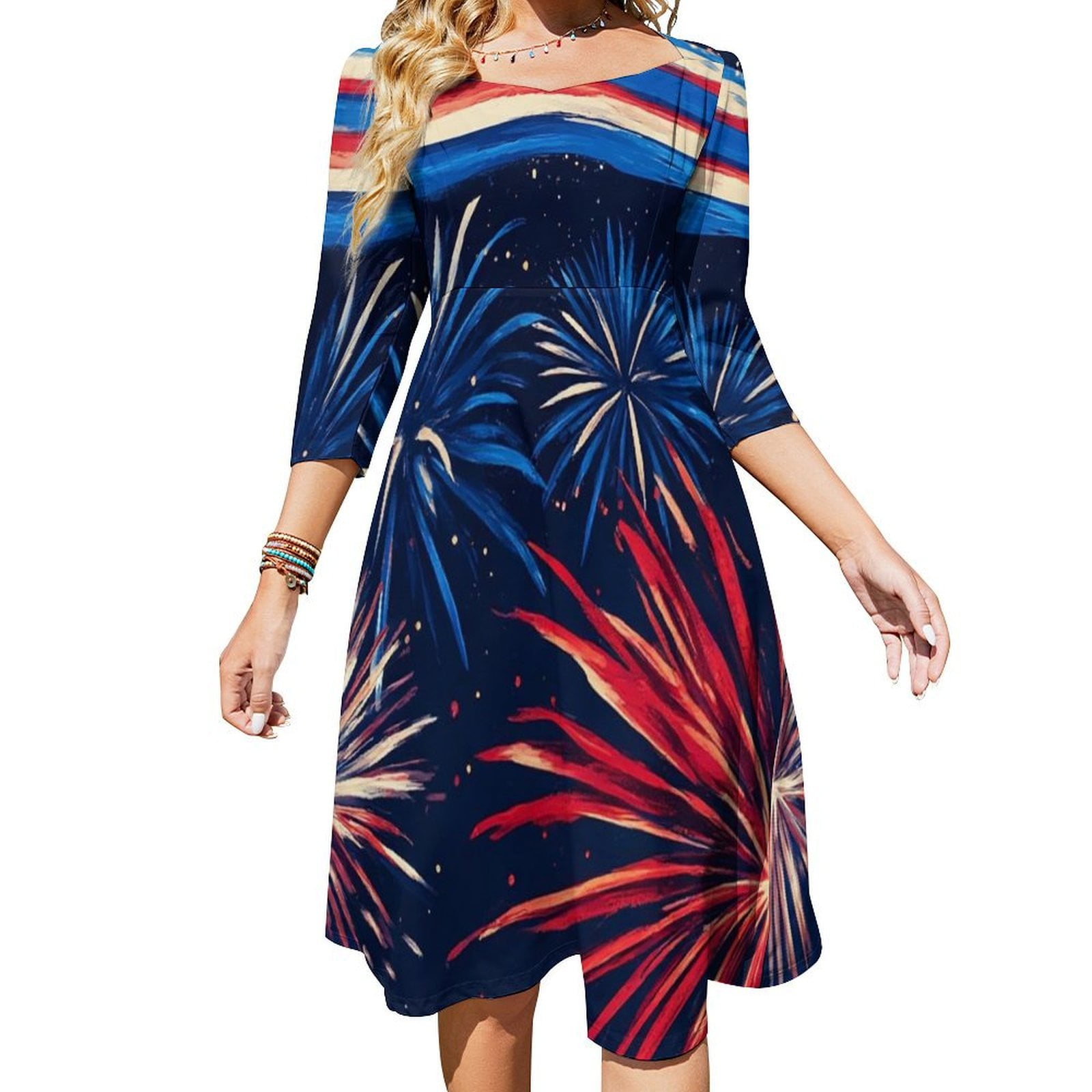 American Flag Fireworks Celebration-2 Flare Dress Square Neck Dress ...