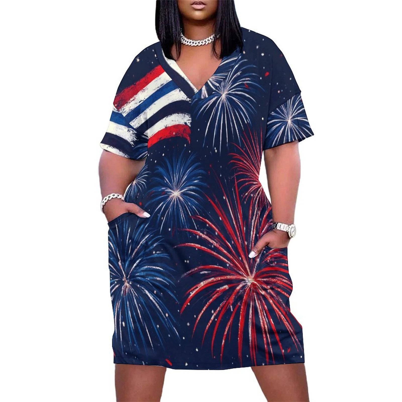 American Flag Fireworks Celebration Loose Pocket Dress Dresses Summer ...