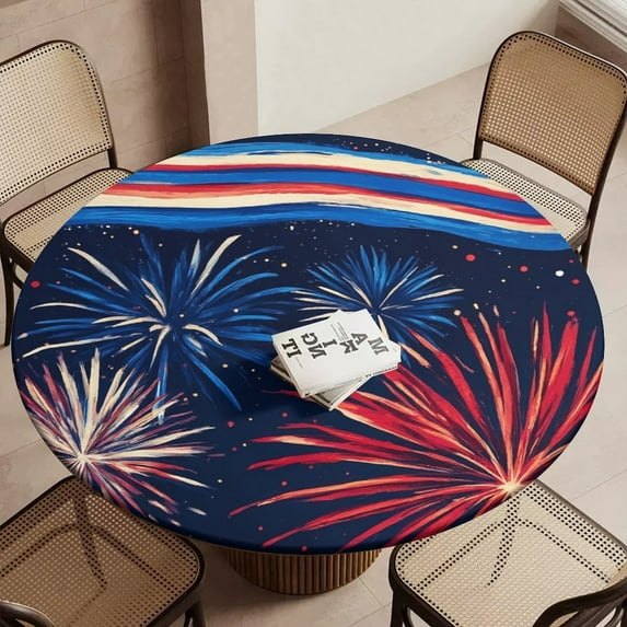 American Flag Fireworks Celebration Round Table Cover Kitchen Printed ...