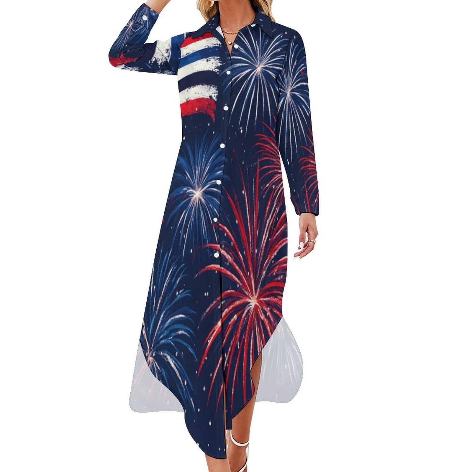 American Flag Fireworks Celebration Shirt Dress Long Sleeve Street ...