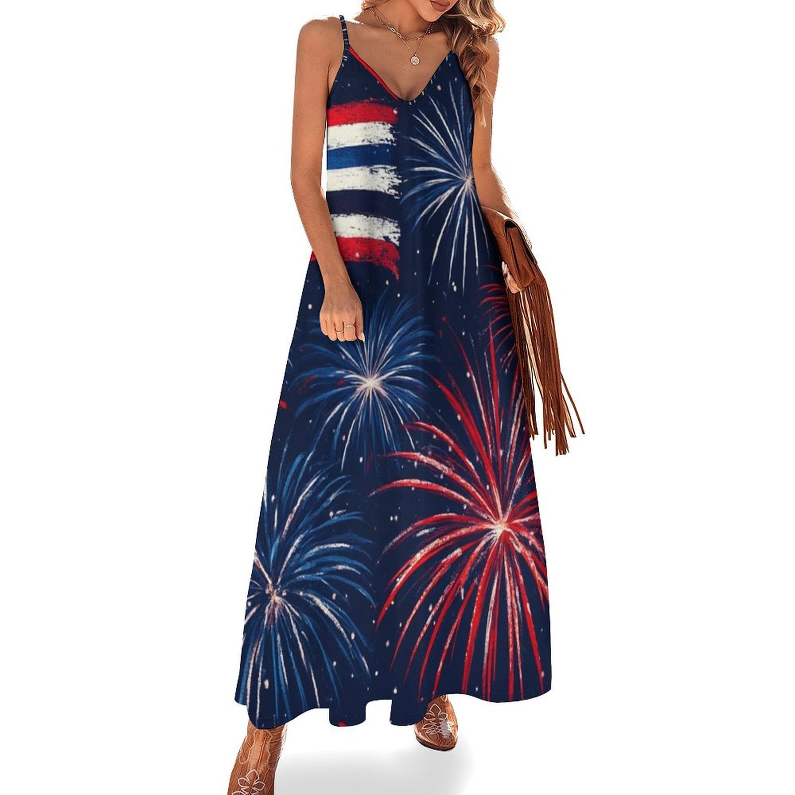 American Flag Fireworks Celebration Sleeveless Dress Loose Women's ...