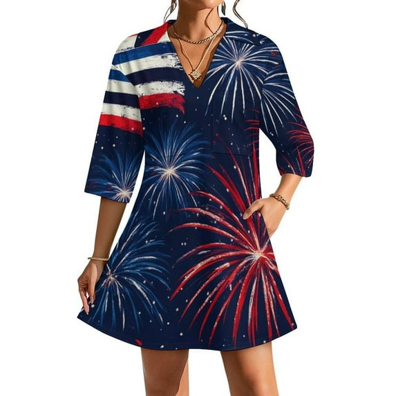 American Flag Fireworks Celebration Womens Dress With Pockets Summer V ...