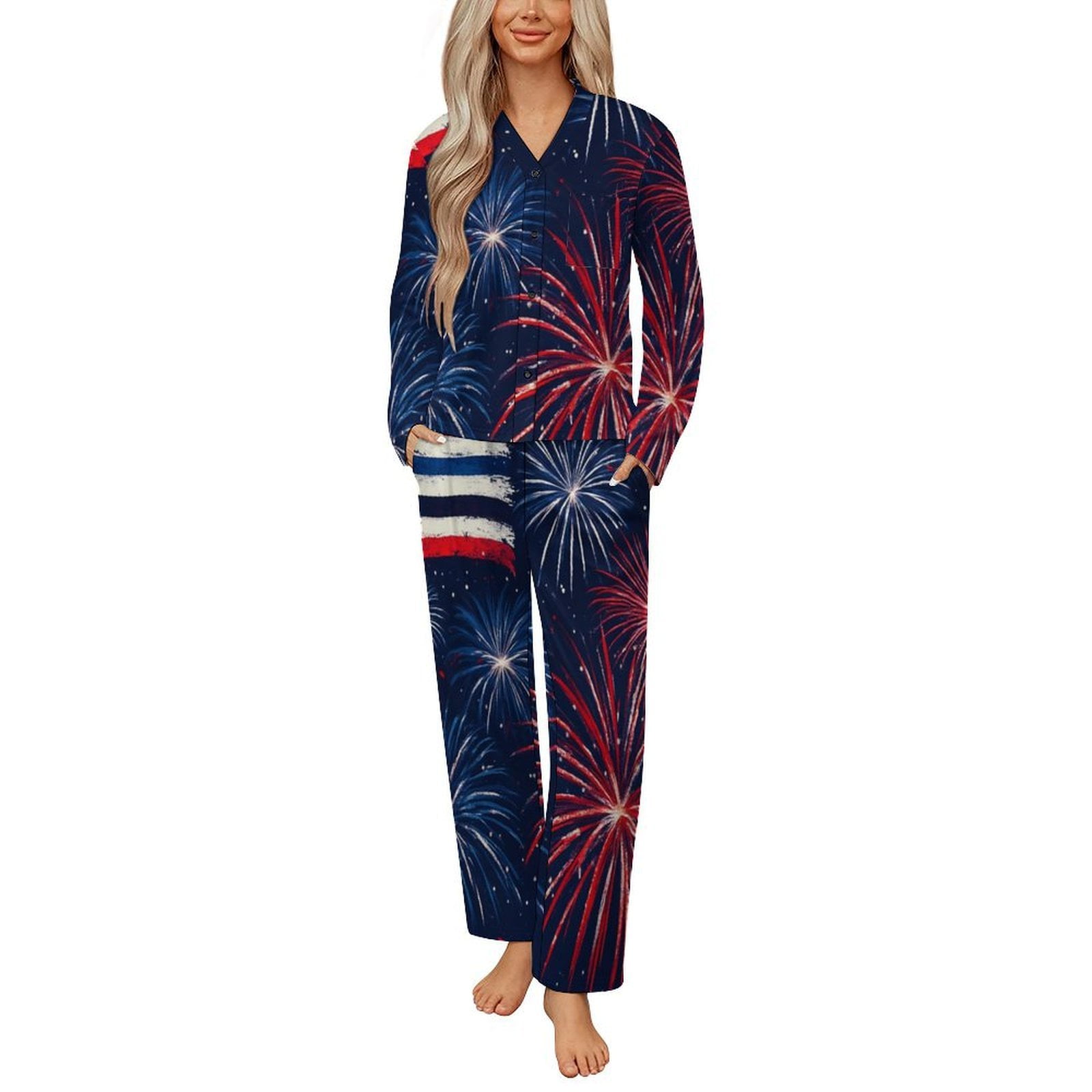 American Flag Fireworks Celebration Womens Pyjamas Set Button Up ...