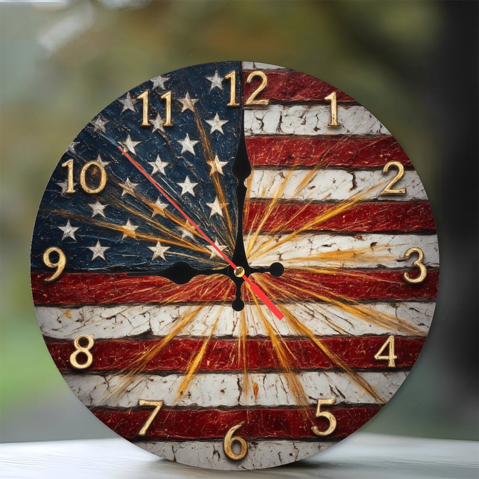 American Flag Fireworks Clock Wall Decor 10-Inch Silent Wooden Wall ...