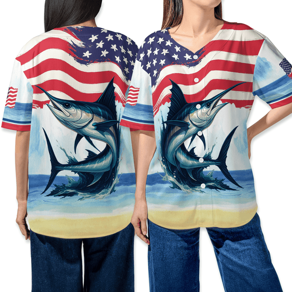American Flag Fishing Baseball Jersey Shirt – Marlin Fish Patriotic ...
