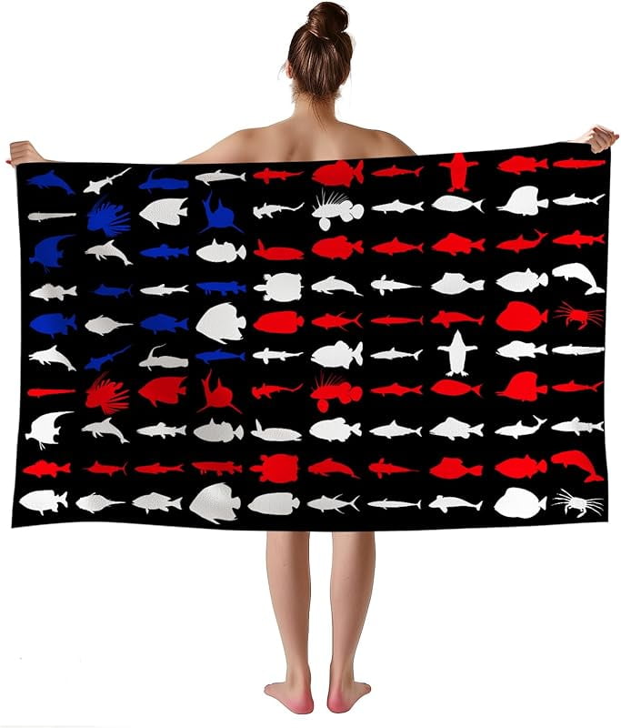 American Flag Fishing Beach Towel Microfiber Funny Fish Sharks Turtle ...
