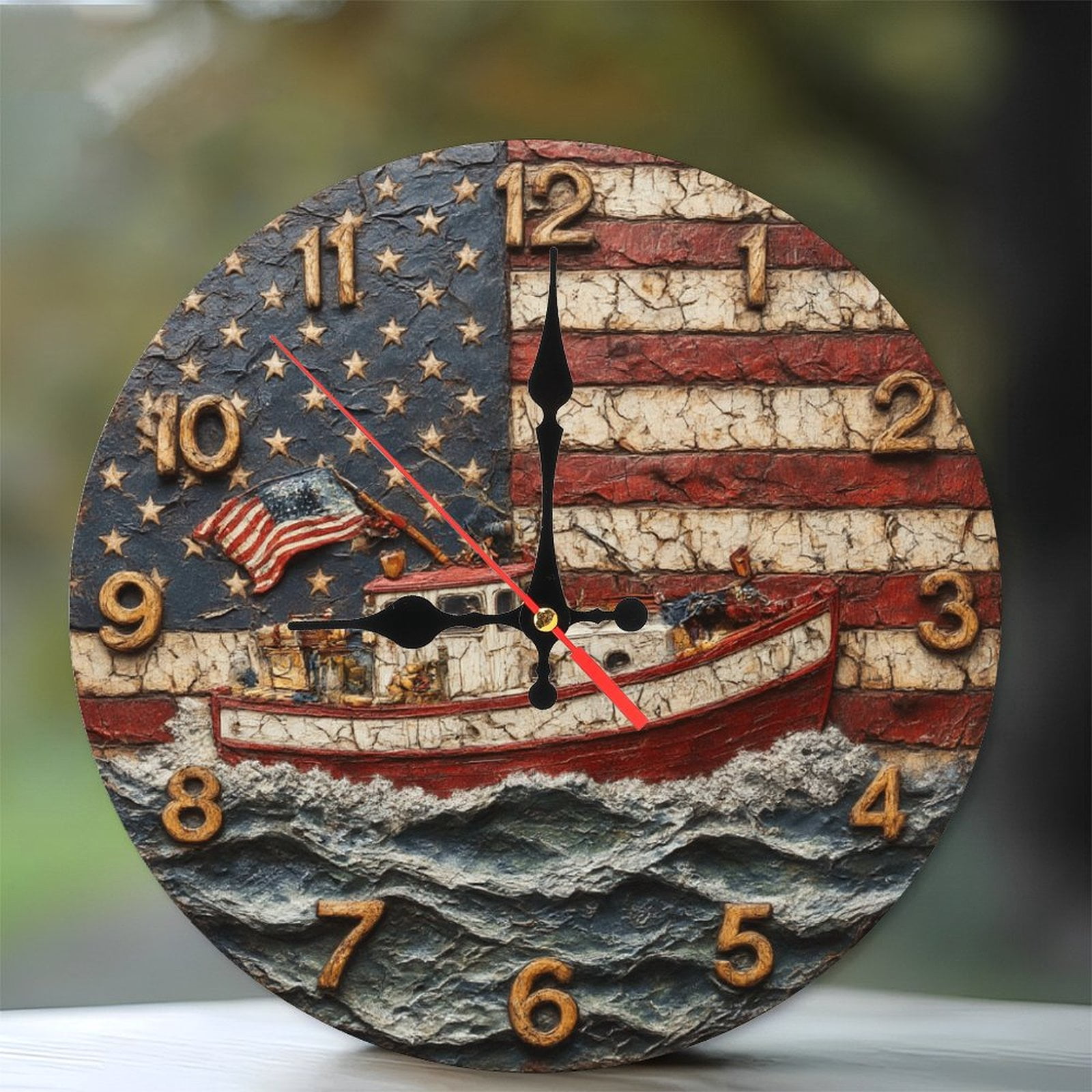 American Flag Fishing Boat Wall Clock Rustic Decor 10-Inch Silent ...