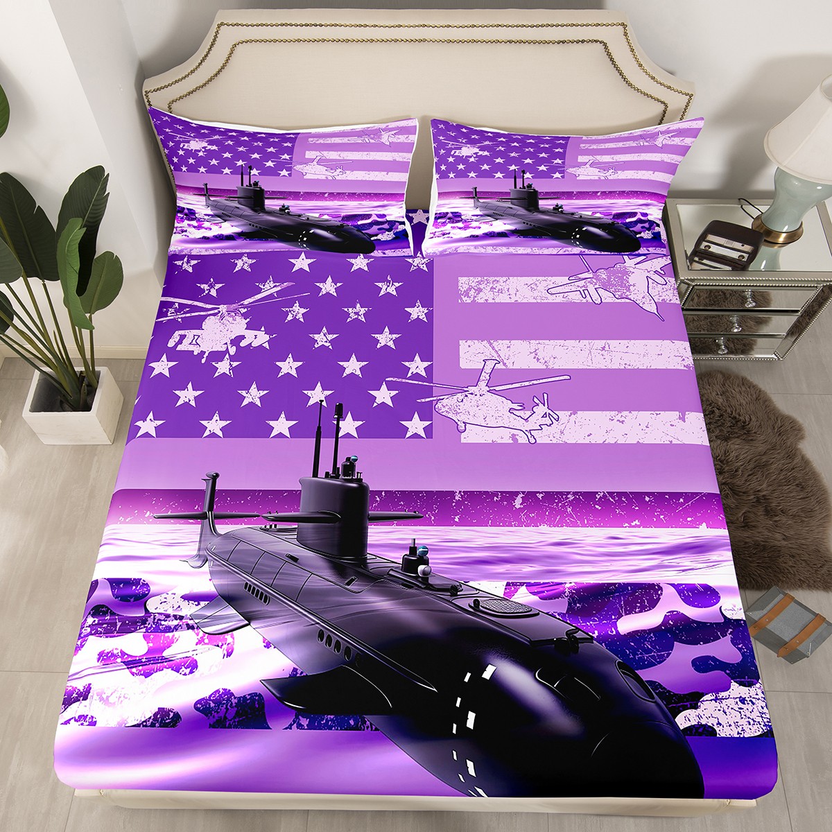 American Flag Fitted Sheet Camo Aircraft Bed Sheets Vintage Retro Stars ...