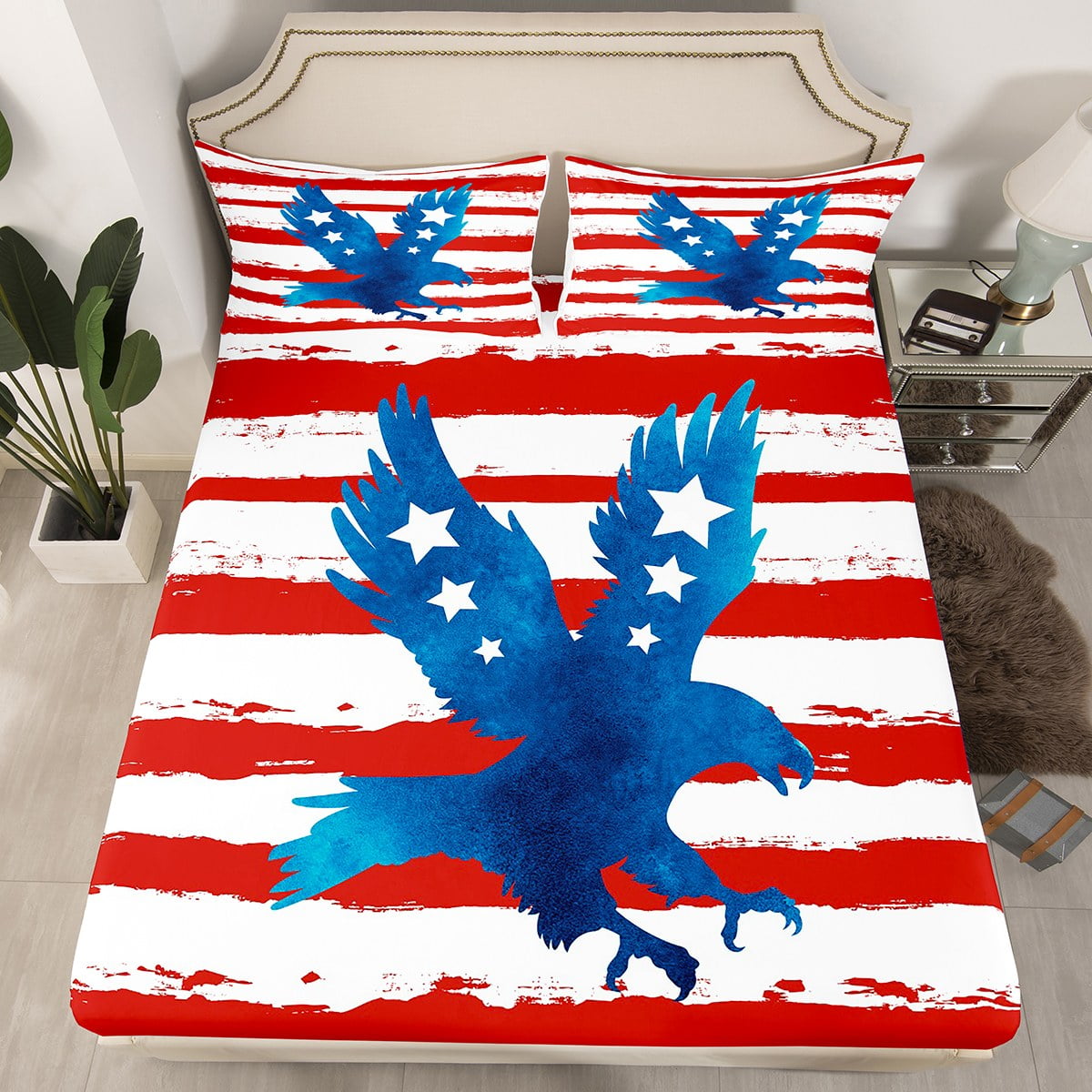 American Flag Fitted Sheet Queen Size, Eagle Bird Animal Bedding Set ...