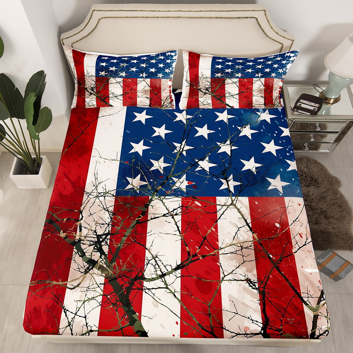 American Flag Fitted Sheet Stars and Stripes Full Bed Sheets, Wooden ...