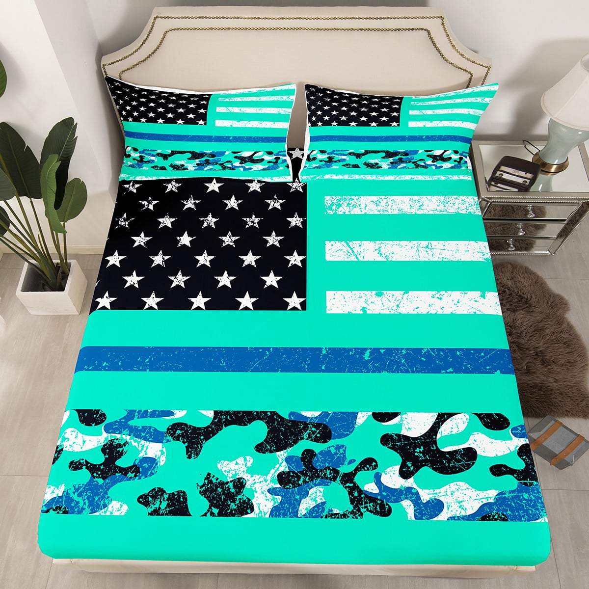American Flag Fitted Sheet Vintage Retro Camo Style Bed Set Camouflage ...