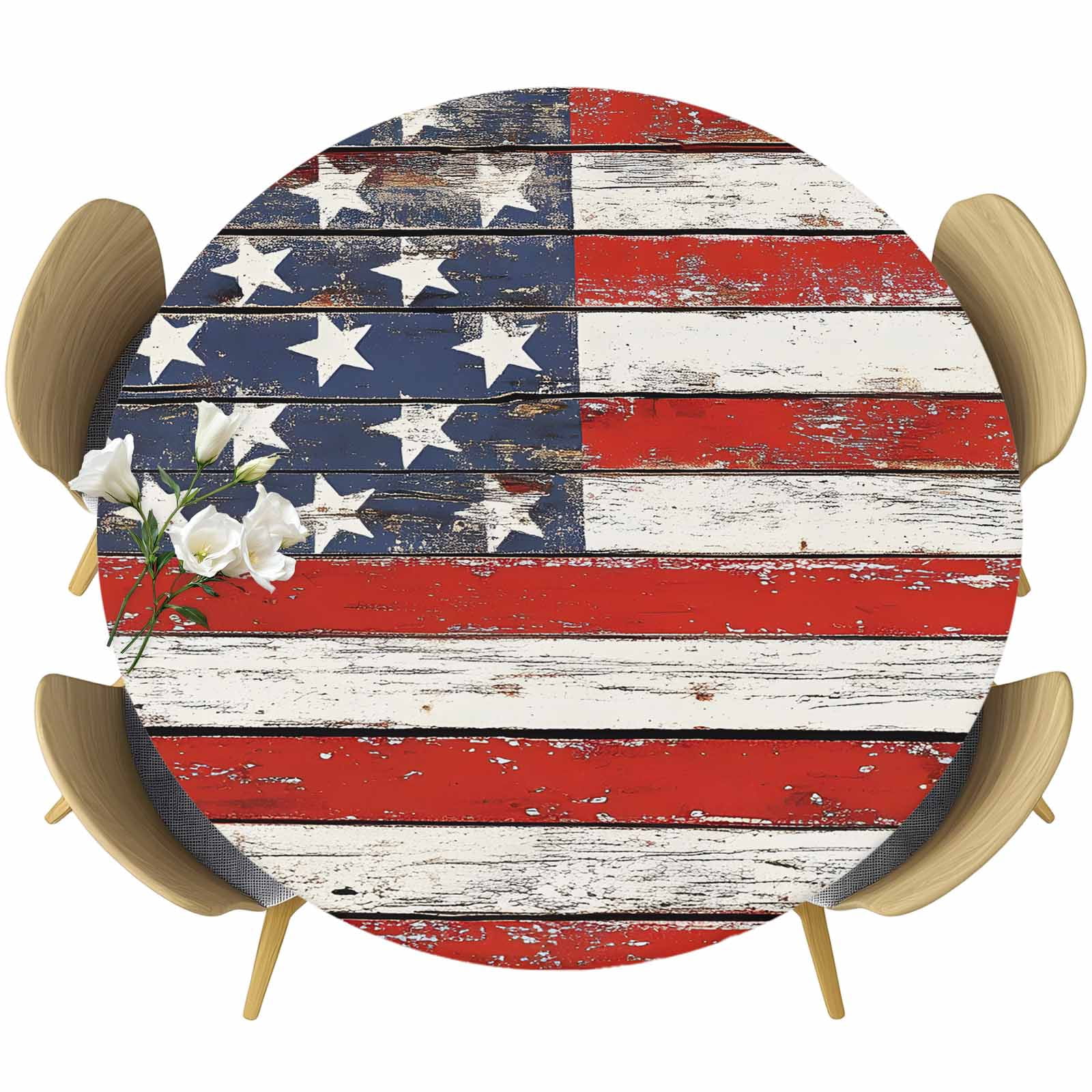 American Flag Fitted Tablecloth with Elastic Edged, Round Table Cloth ...