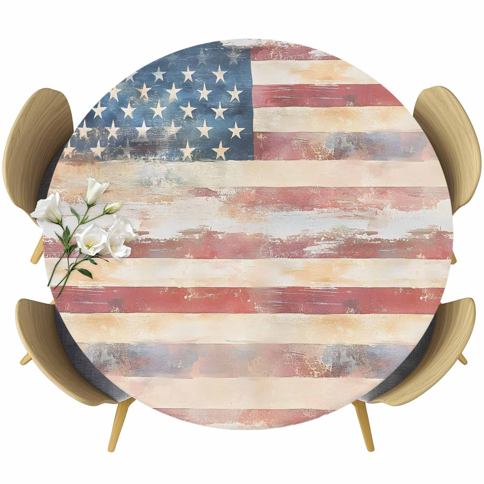 American Flag Fitted Tablecloth with Elastic Edged, Round Table Cloth ...