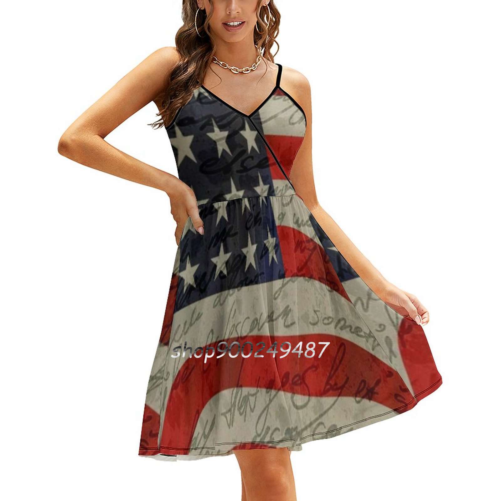 American Flag Flare Dress Square Neck Dress Elegant Female Fashion ...