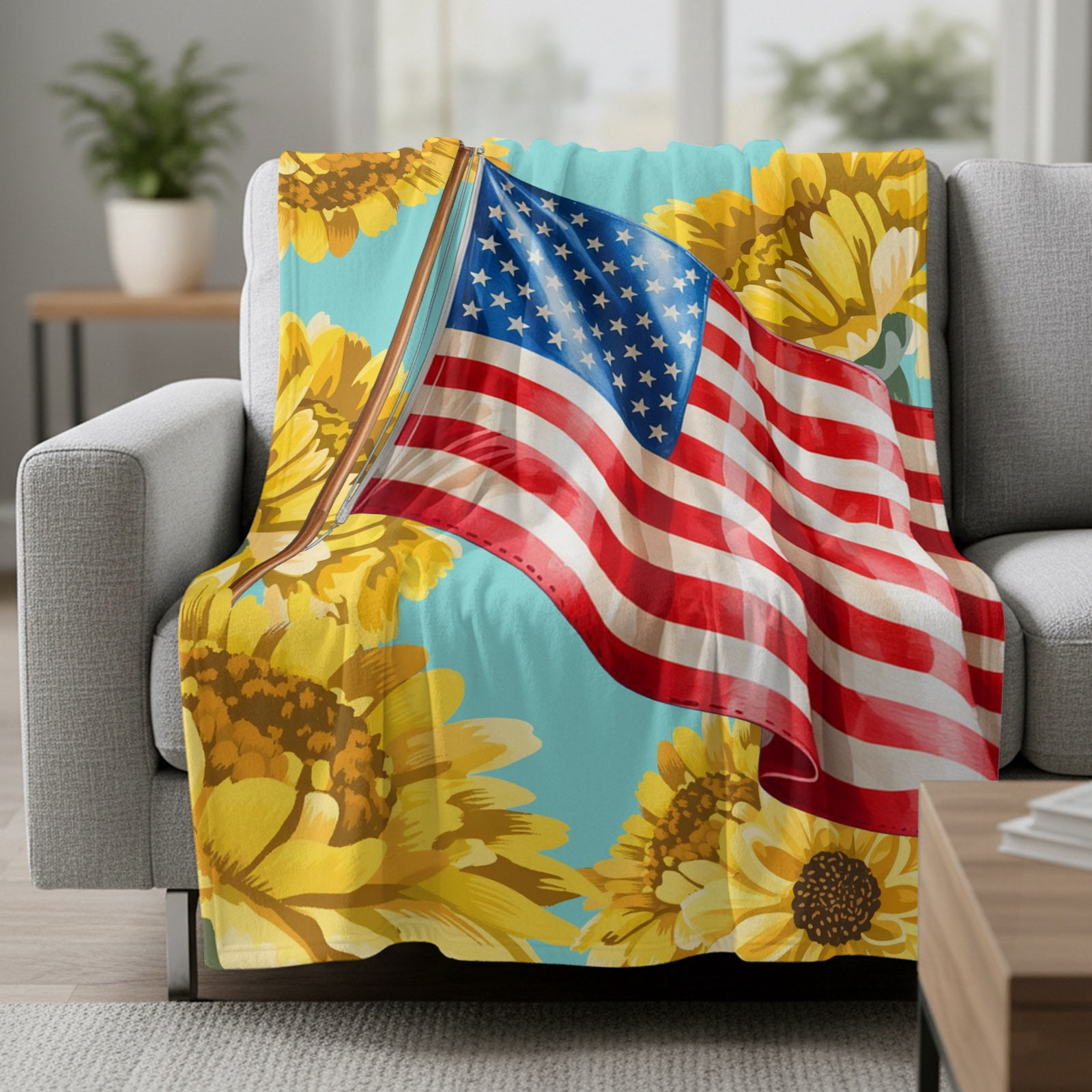 American Flag Fleece Throw Blanket Vintage Yellow Dasiy Flowers Teal ...