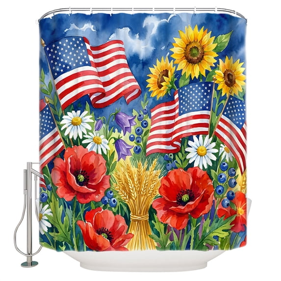 American Flag Floral Bathroom Shower Curtains with 12 Hooks Polyester ...