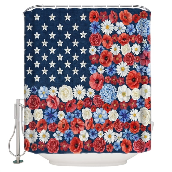 American Flag Floral Bathroom Shower Curtains with 12 Hooks Polyester ...