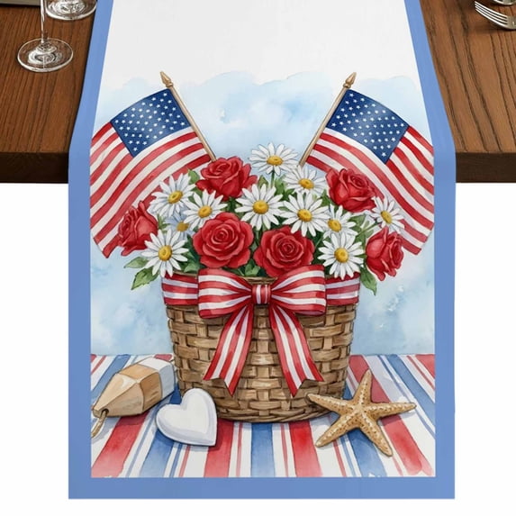 American Flag Floral Burlap Cotton Table Runner 13x70 Inches Long ...