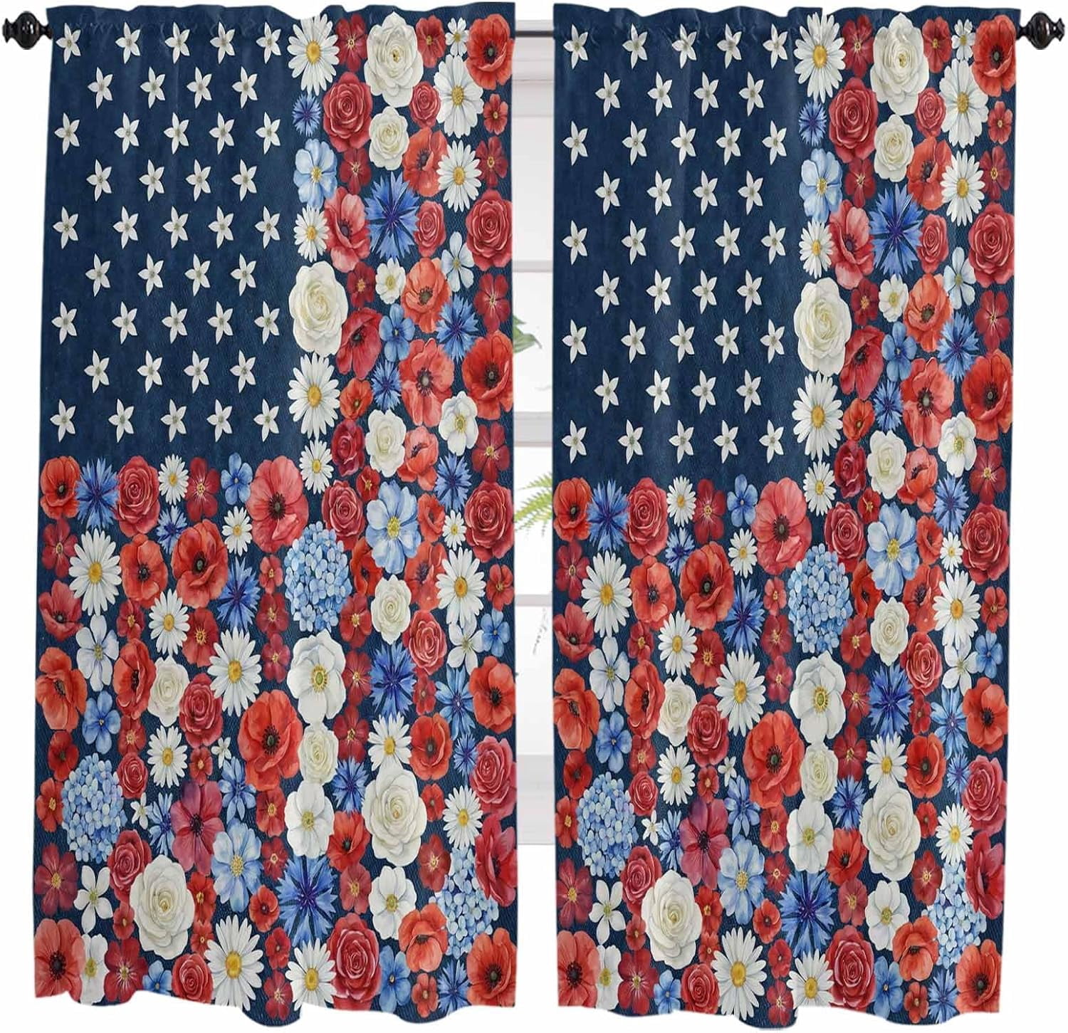 American Flag Floral Curtains for Bedroom 63 Inches Long 2 Panels, Red ...