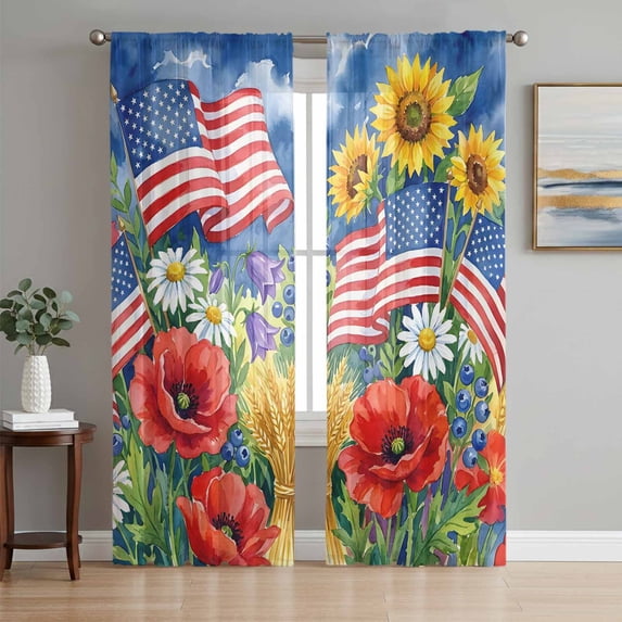 American Flag Floral Sheer Curtains 84 Inch Length 2 Panels Set ...