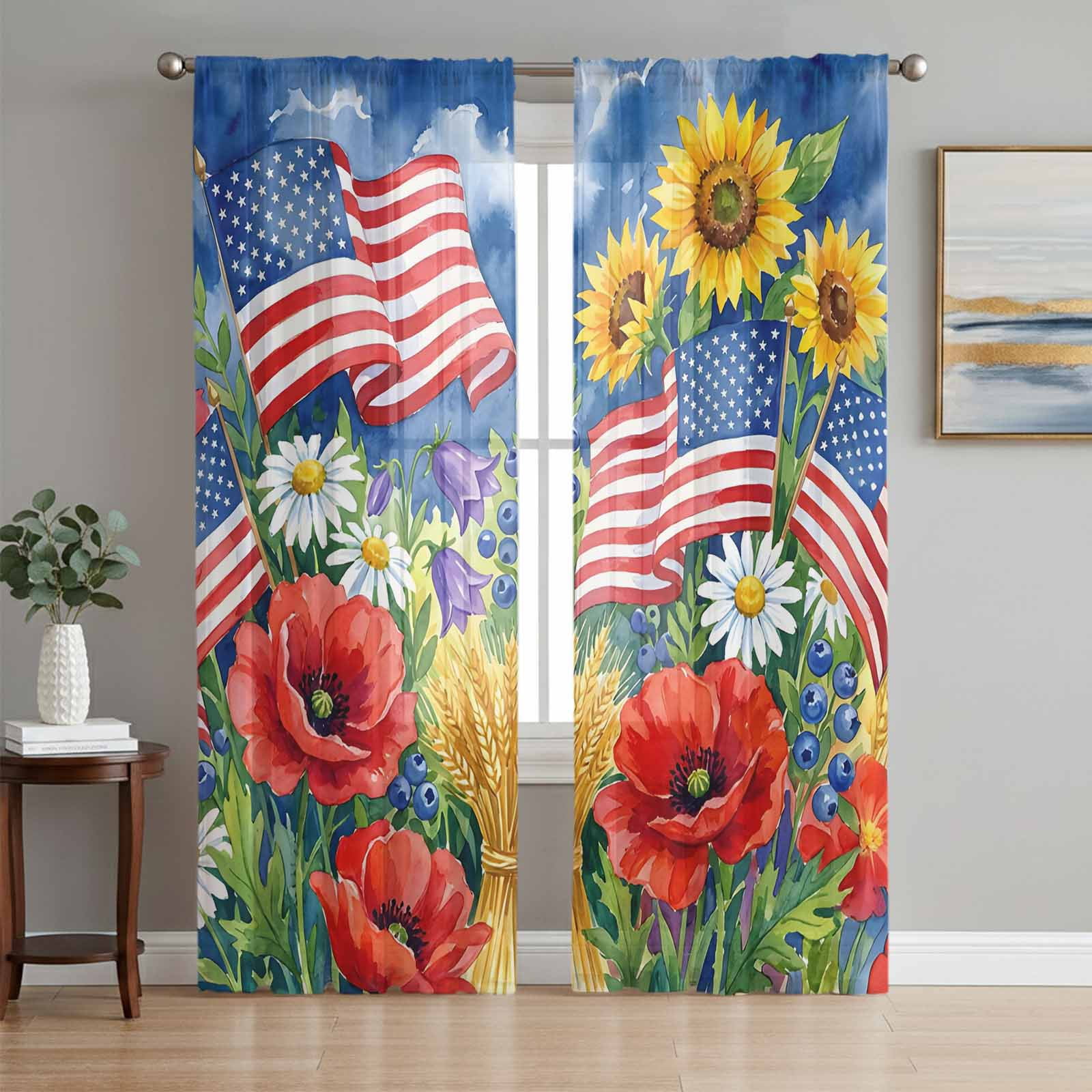 American Flag Floral Sheer Curtains for Living Room Bedroom Farmhouse ...