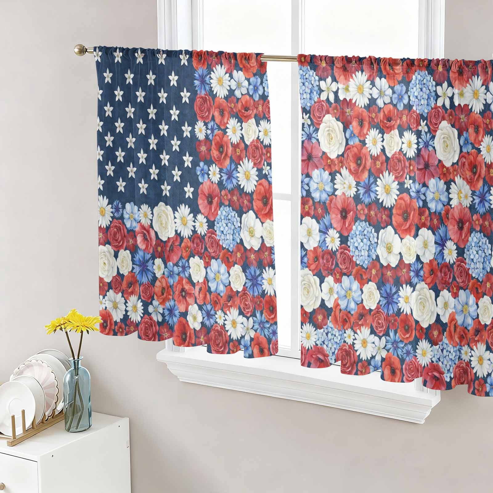 American Flag Floral Sheer Curtains for Living Room Bedroom Red Blue ...