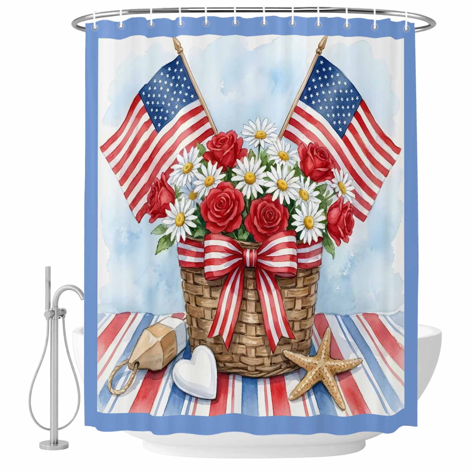 American Flag Floral Shower Curtain Set - 48" x 72" Washable Bathtub ...