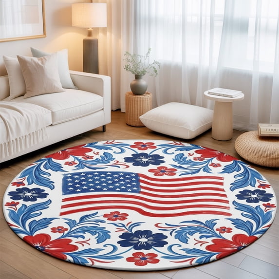 American Flag Floral Washable Round Area Rug 3 ft, Flowers Leaves ...