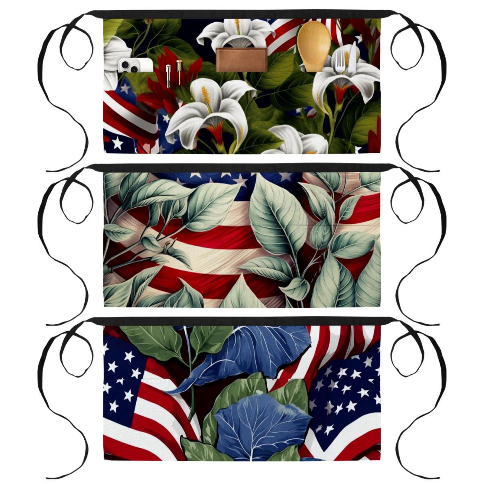American Flag and Flower Server Aprons with Long Waist Ties Reinforced ...
