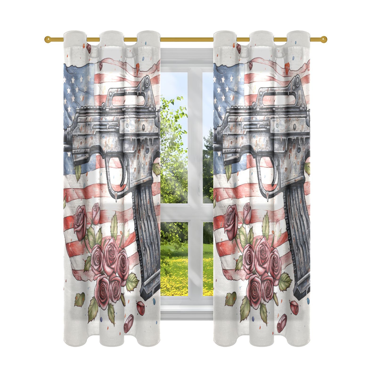 American Flag Flowers Blackout Curtains Patio Door Curtains Window ...