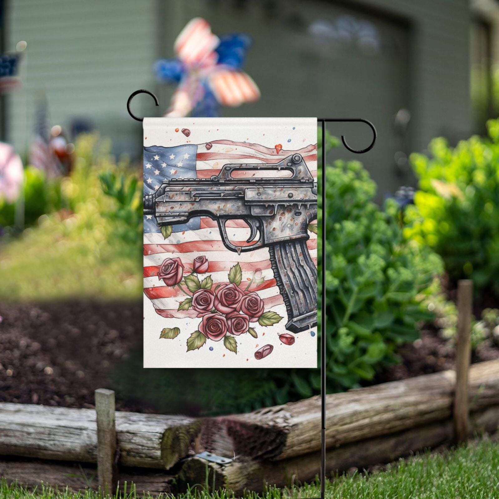 American Flag Flowers Garden Flag Double Sided Outdoor Banners for ...