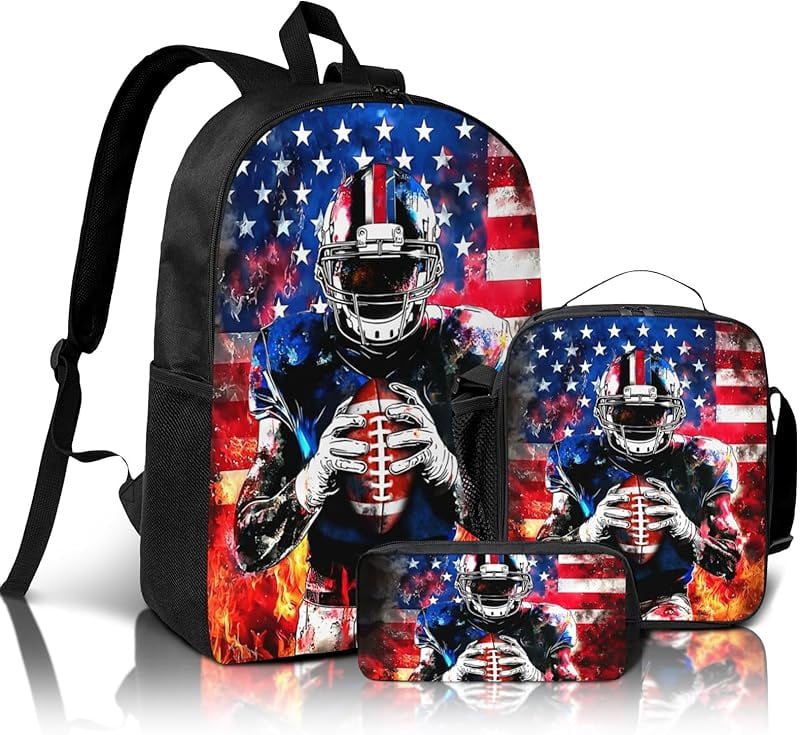 American Flag Football Print Backpack 3 Piece Set Travel Daypack ...