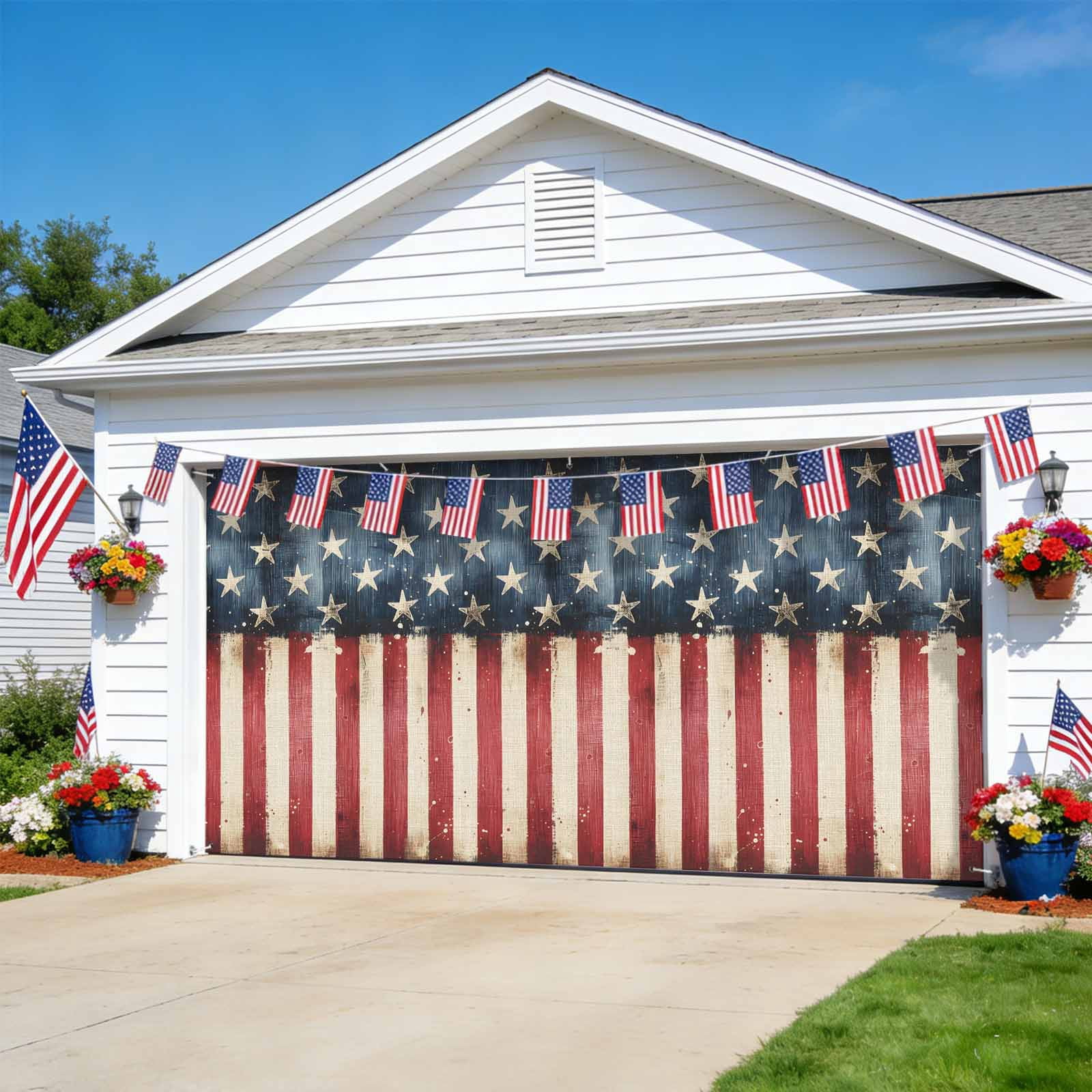 American Flag Garage Door Cover Banner 7 x 8 FT, Retro Blue Star Red ...