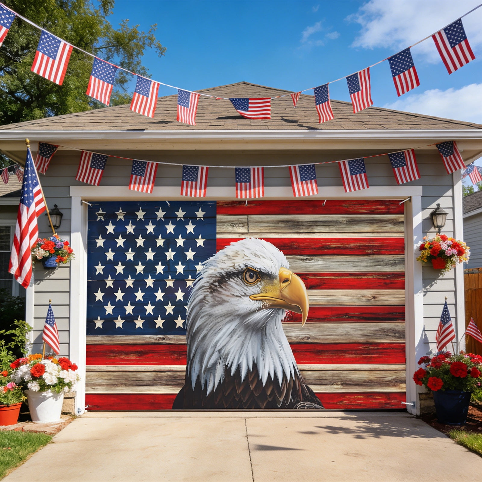American Flag Garage Door Cover, Eagle Blue Red USA Flag Vintage Garage ...