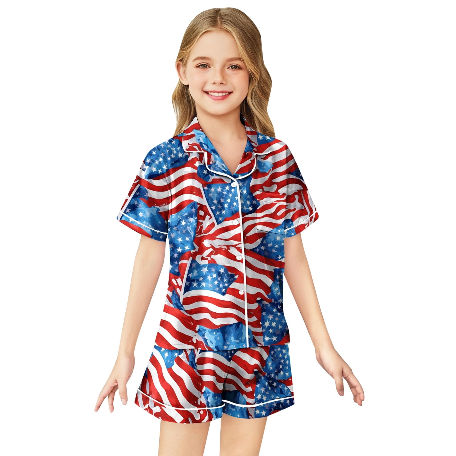American Flag Girls Pajamas Size 10-11 Years Short Sleeve Pajamas Cute ...