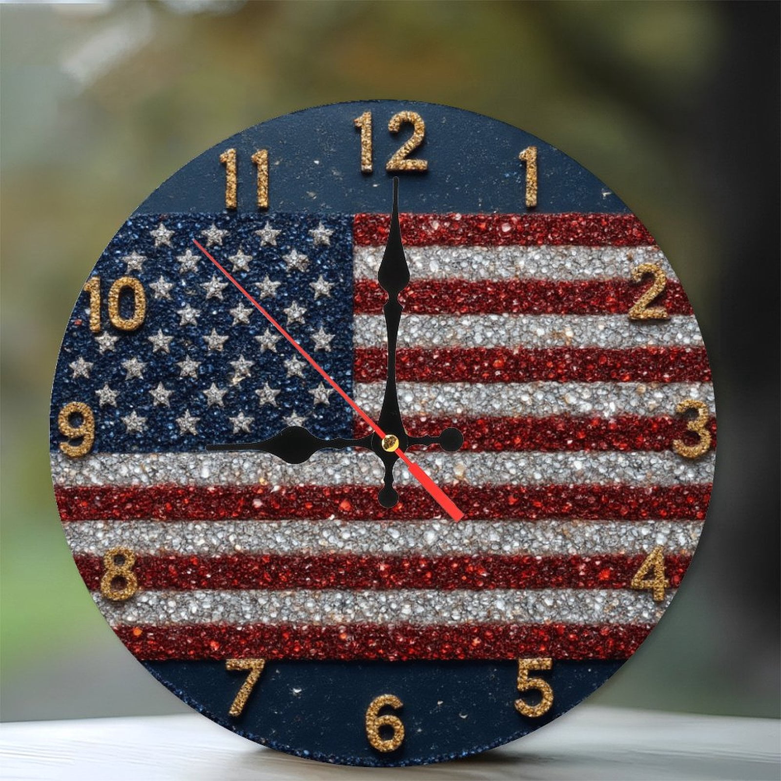 American Flag Glitter Wall Clock Home Decor 10-Inch Silent Wooden Wall ...