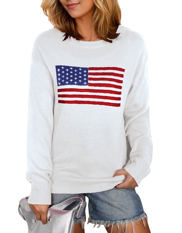Shermie Women's Flag Graphic Sweater, Long Sleeve Crewneck Knit ...