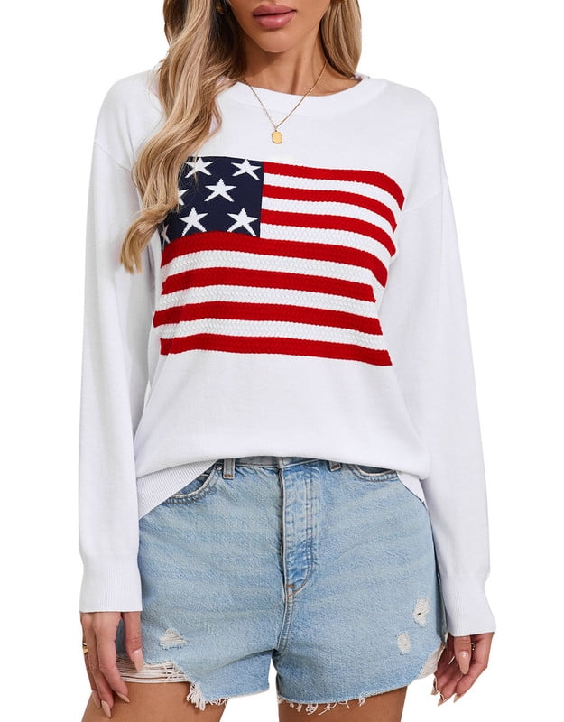 American Flag Graphic Sweaters for Women Casual 4th of July Crew Neck ...