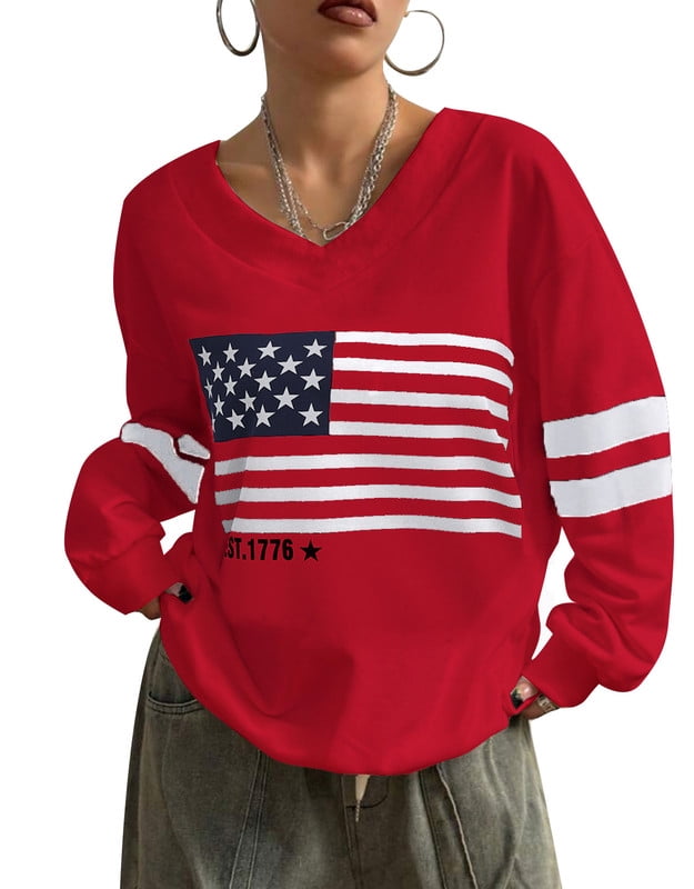 American Flag Graphic Sweatshirts for Women 4th of July V-Neck Off ...