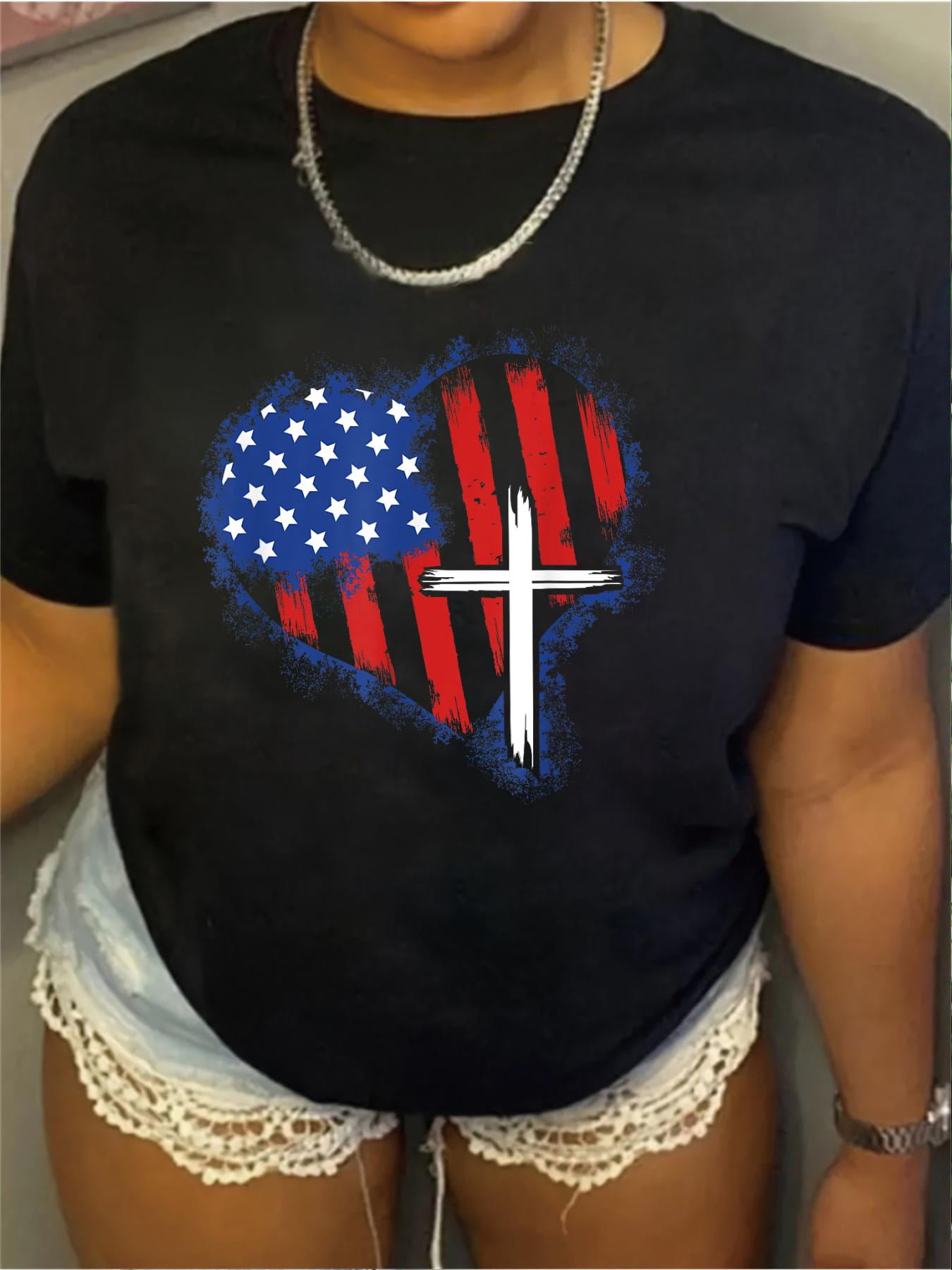 American Flag Heart Christian Cross Religious 4th of July T-Shirt ...