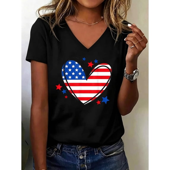 American Flag Heart Independence Day 4th of July Women V Neck T-Shirt ...