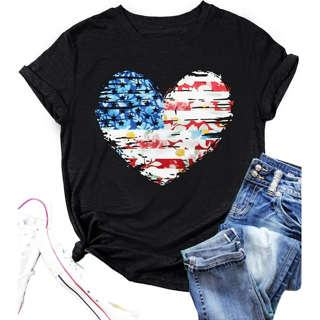 American Flag Heart Shirt Women Patriotic T-Shirt 4th of July Graphic Tees Shirts USA Flag Star ...