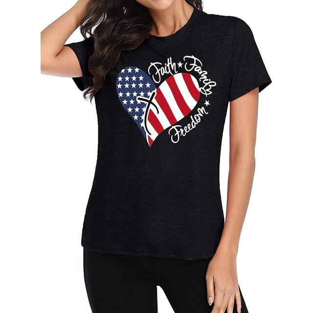 American Flag Heart Shirt Women Patriotic T-Shirt 4th of July Graphic ...