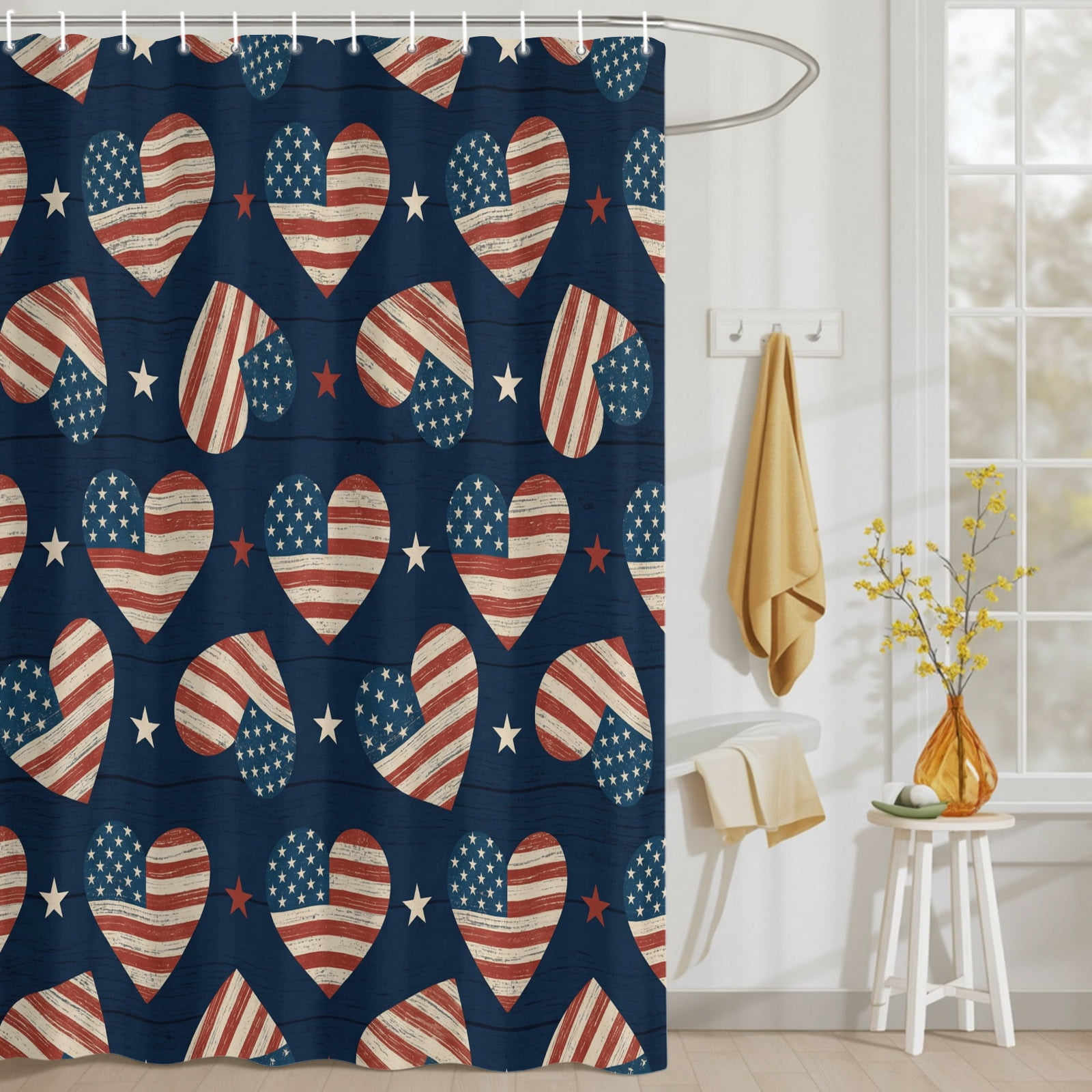 American Flag Heart Star Seamless Shower Curtain Set, Waterproof Shower ...