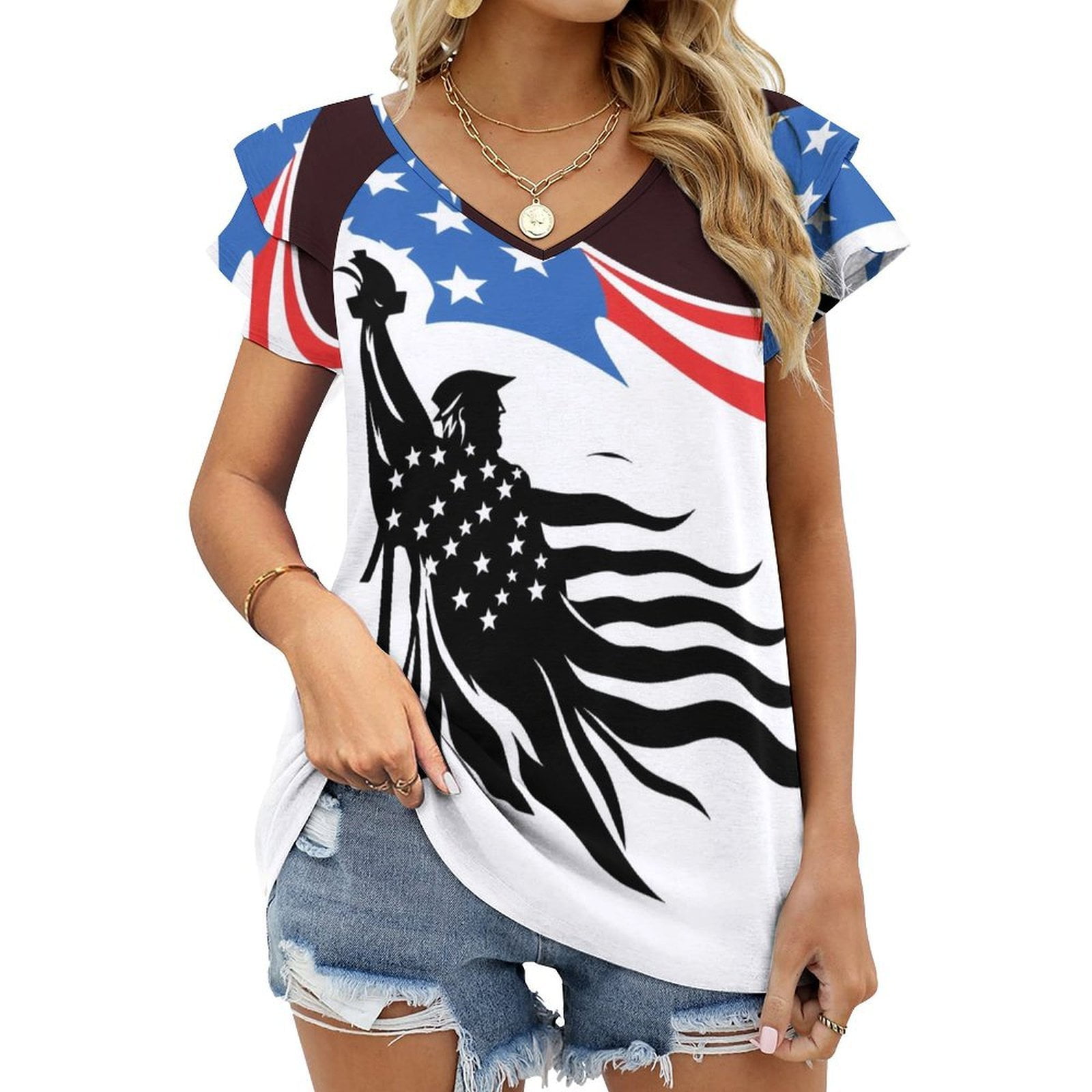 American Flag Hero Women Lotus Leaf Neck Short Sleeve Top Female Summer ...