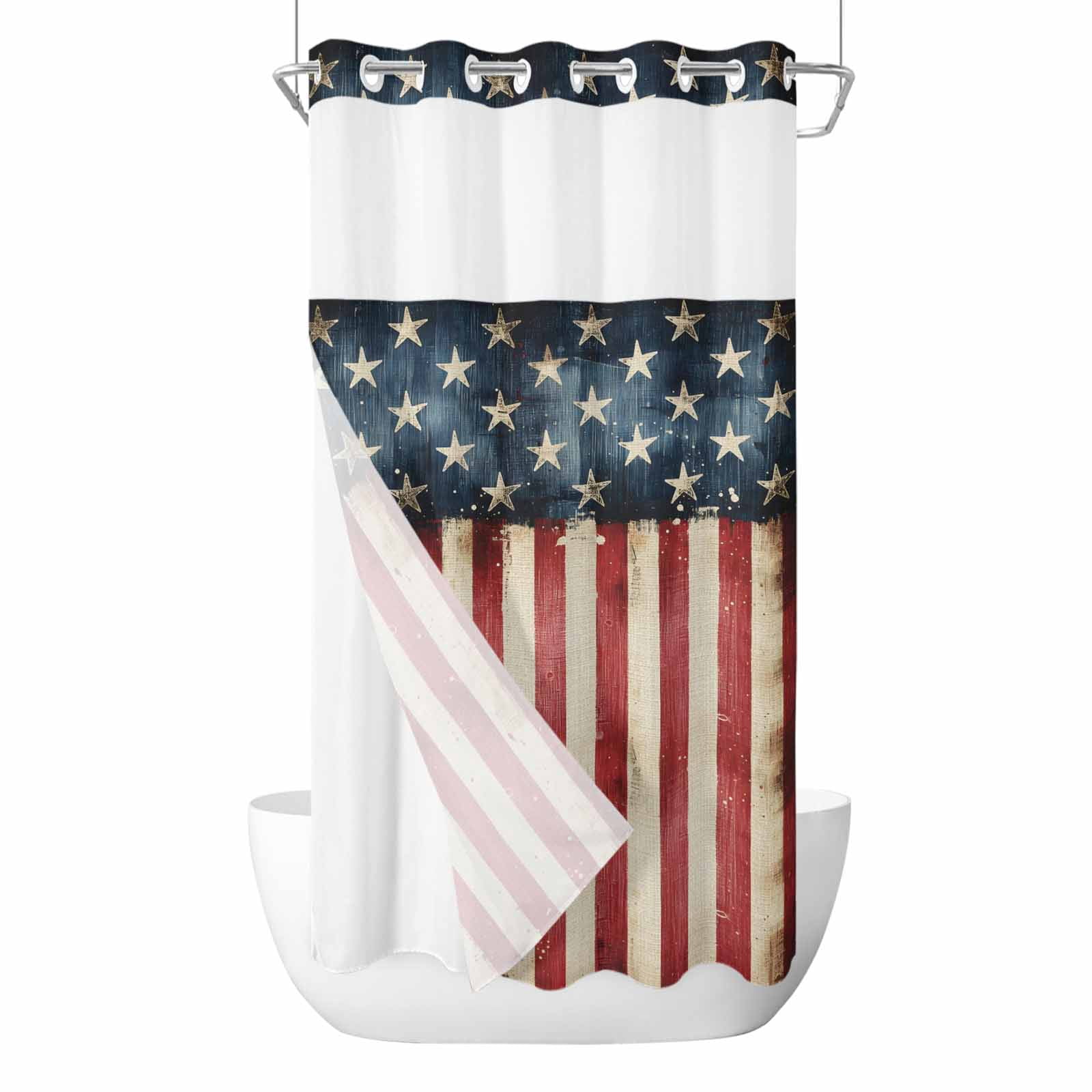 American Flag No Hook Shower Curtain with Snap in Liner, Waterproof ...