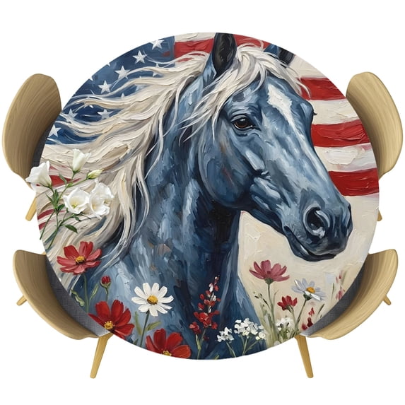 American Flag Horse Round Tablecloth 55-60 Inch Round Fitted Table ...