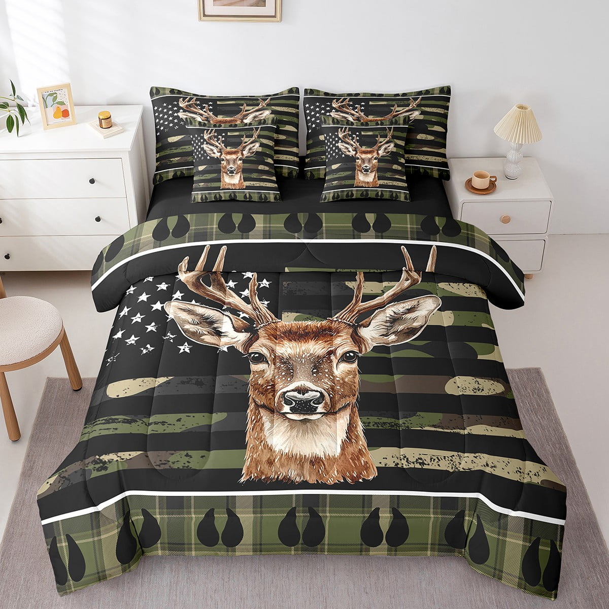 American Flag Hunting Comforter Set Full 7 Piece Army Green Camo ...