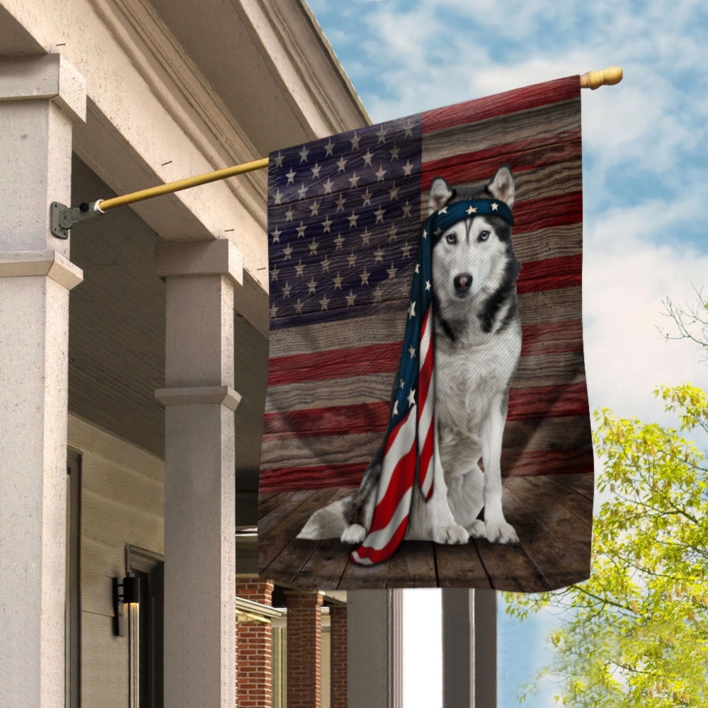 American Flag Husky Dog Proud Patriotic 4th of july House Flag (29.5x39 ...