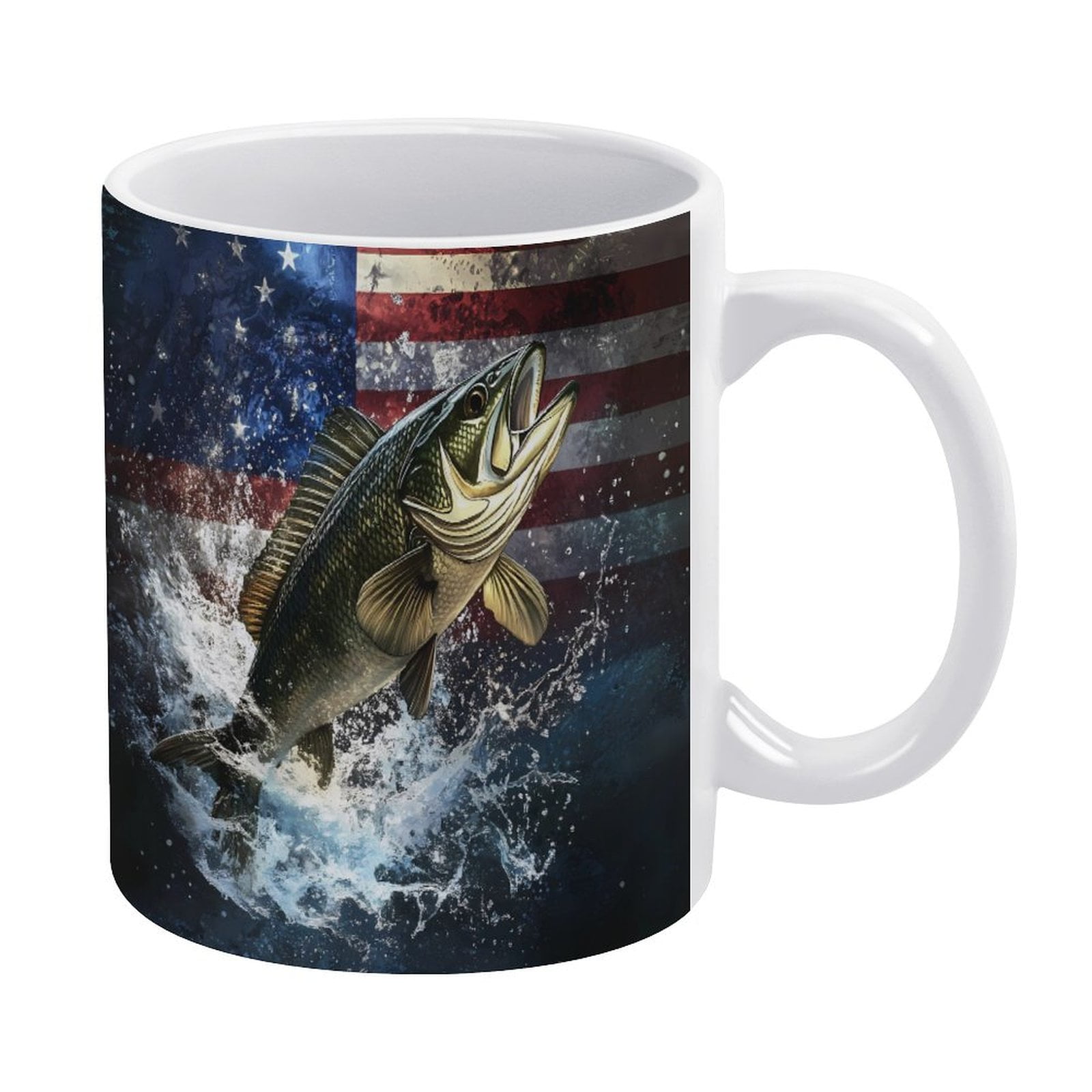 American Flag Jumping Largemouth Bass Fish 11oz Coffee Mug with Handles ...